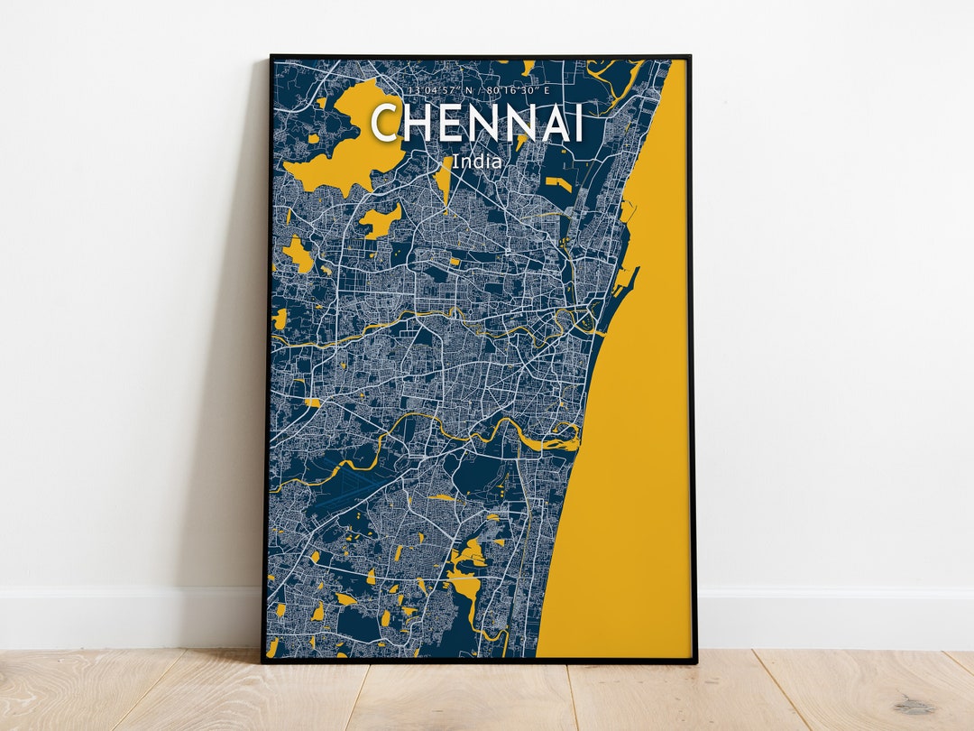 Chennai Blue Map Poster, Chennai City Modern Map Print, Chennai City ...