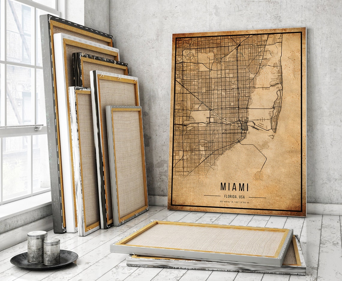 Miami Vintage Map Poster Miami Old Map Grunge Miami Map | Etsy
