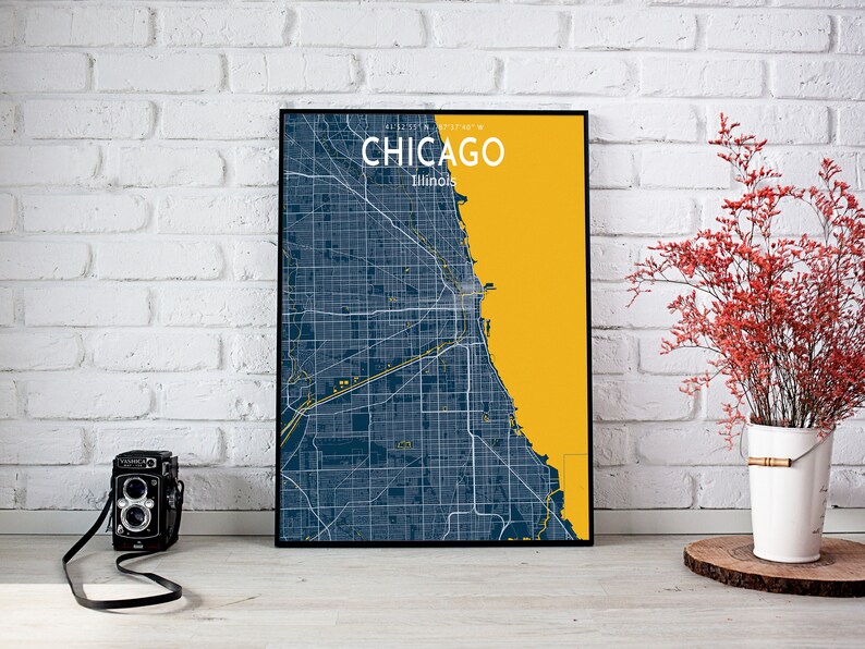 Chicago Blue Map Poster Chicago City Blue Map Poster Chicago | Etsy