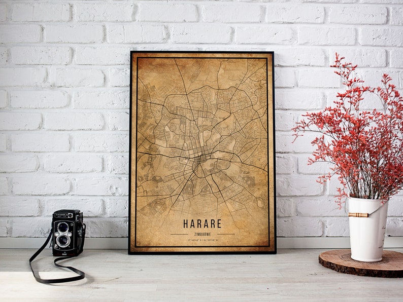 Harare Vintage Map Poster Harare Old Map Grunge Harare Map | Etsy