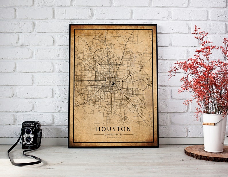 Houston Vintage Map Poster Houston Old Map Grunge Houston | Etsy
