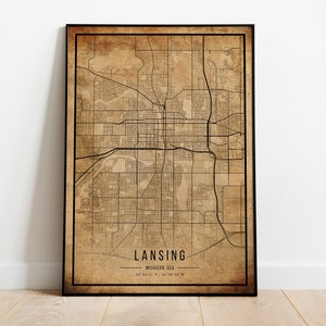 Lansing Vintage Map Poster, Lansing Old Map, Grunge Lansing Map ...
