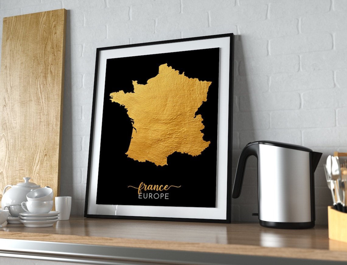 France Gold Map Poster, France Gold Black Map, Contemporary Wall Art ...