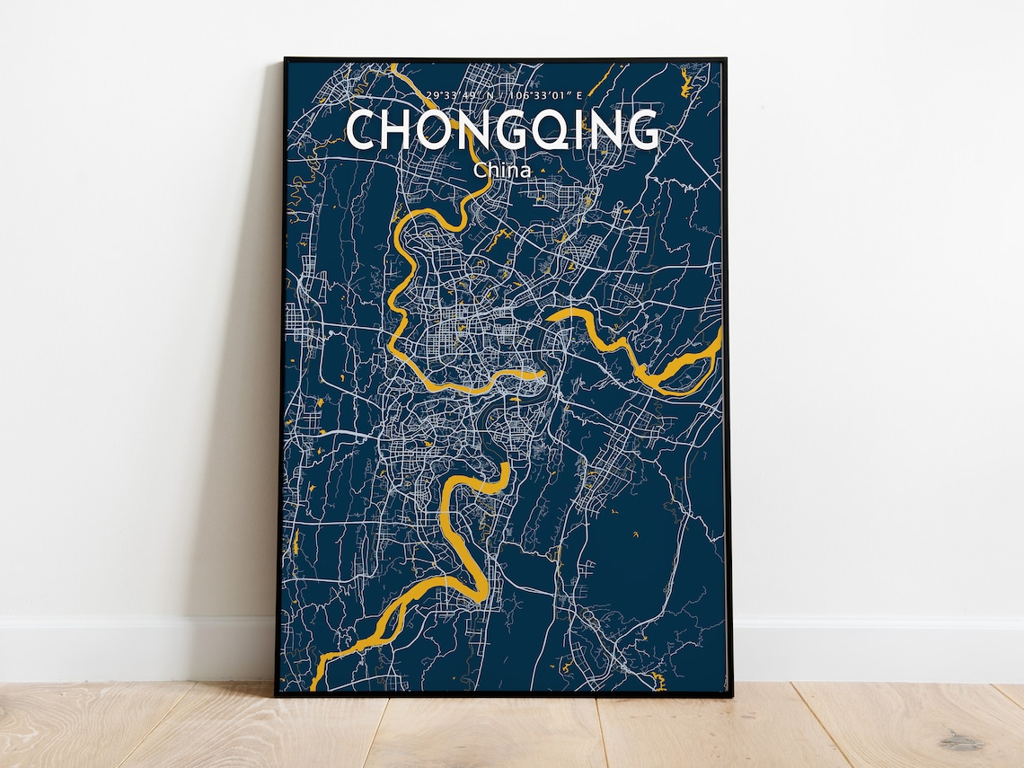 Chongqing Blue Map Poster Chongqing City Modern Map Print | Etsy