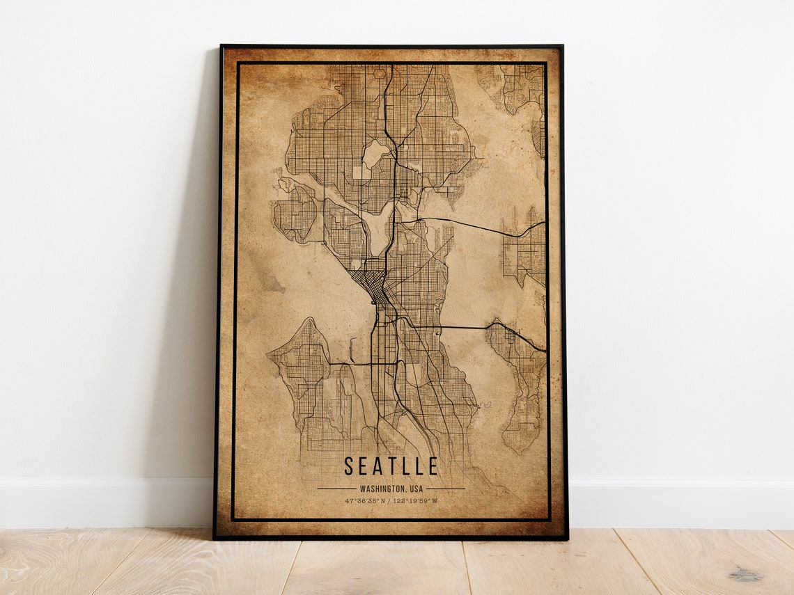 Seattle Vintage Map Poster Seattle Old Map Grunge Seattle - Etsy