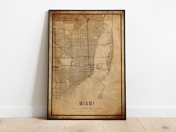 Miami Vintage Map Poster Miami Old Map Grunge Miami Map | Etsy