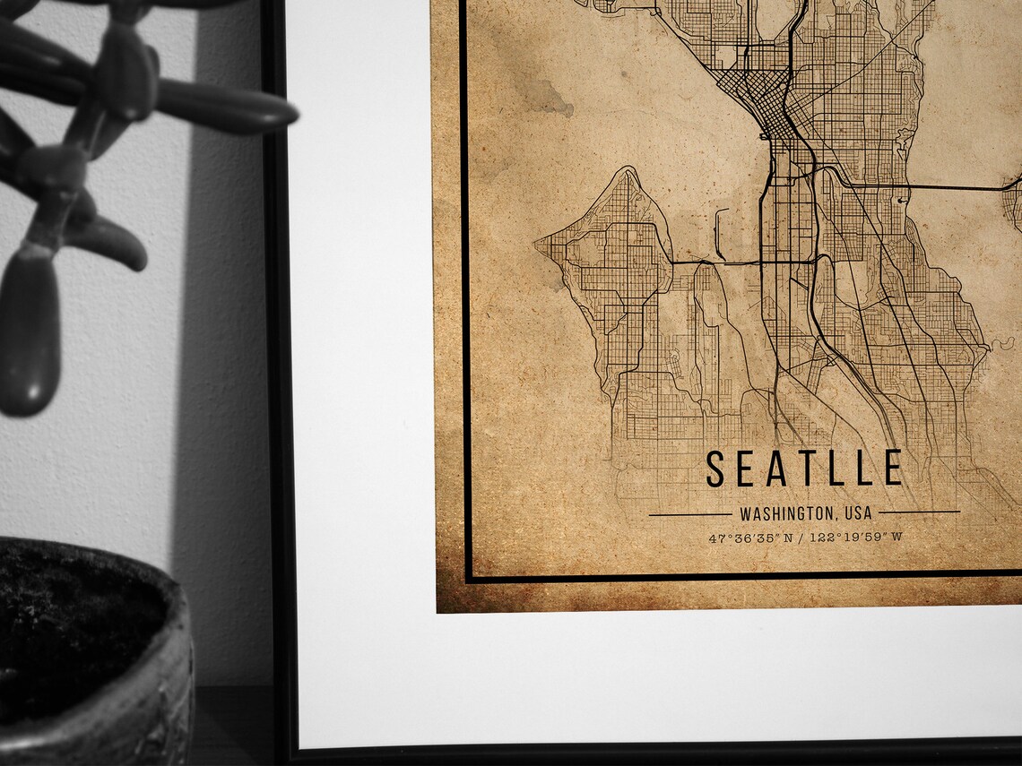Seattle Vintage Map Poster Seattle Old Map Grunge Seattle | Etsy