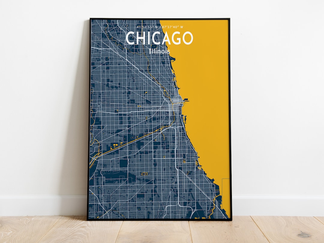 Chicago Blue Map Poster, Chicago City Blue Map Poster, Chicago City ...