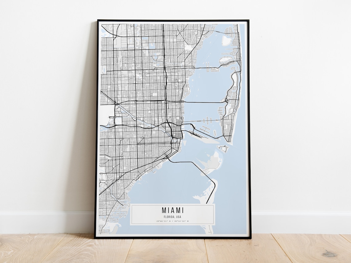 Miami White Map Poster Miami Home Decor Miami Classic Map - Etsy