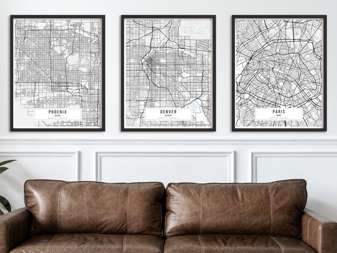 Personalized Map Print Set of Three Any City Map Print - Etsy