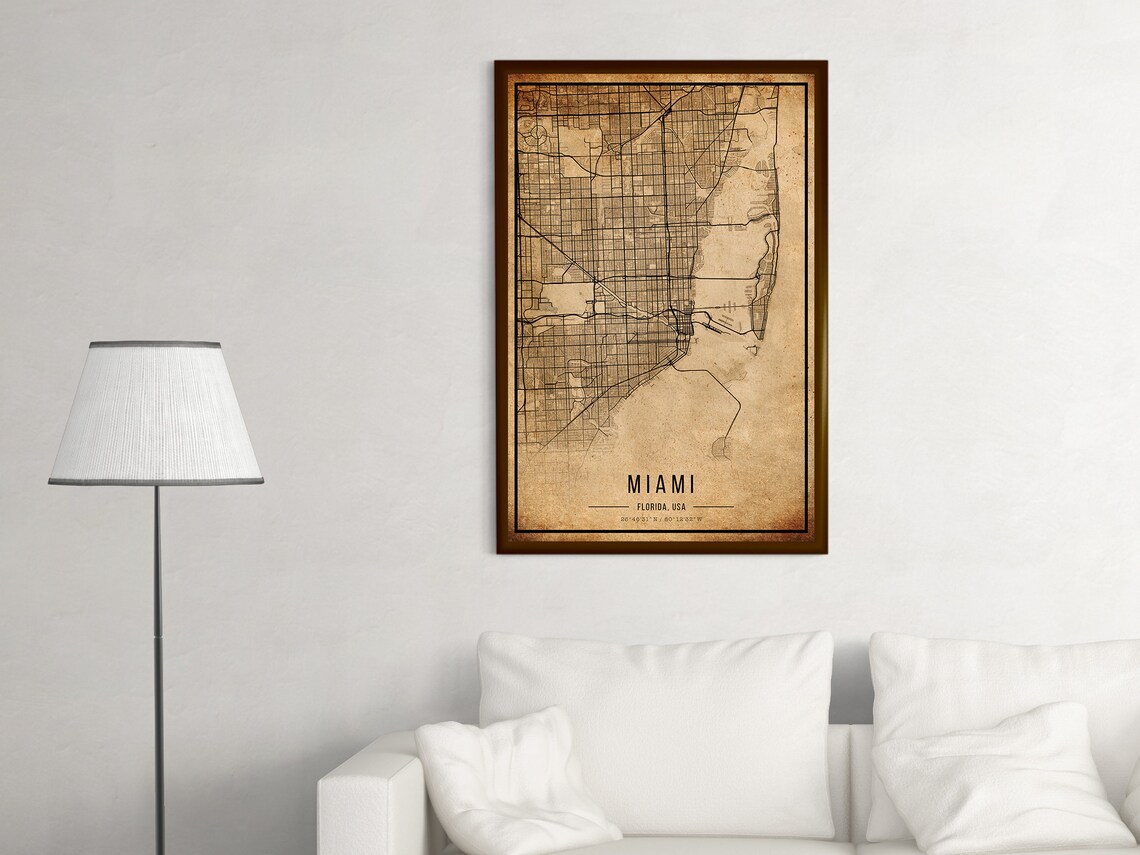 Miami Vintage Map Poster Miami Old Map Grunge Miami Map | Etsy