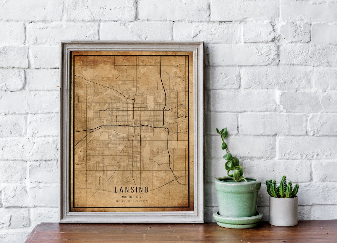 Lansing Vintage Map Poster Lansing Old Map Grunge Lansing | Etsy