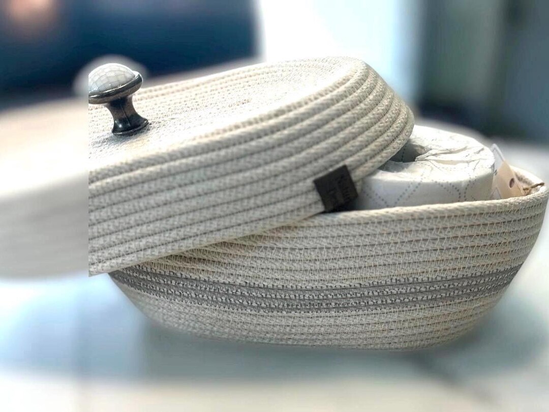 Oval Rope Basket With Porcelain Handle on Lid. - Etsy