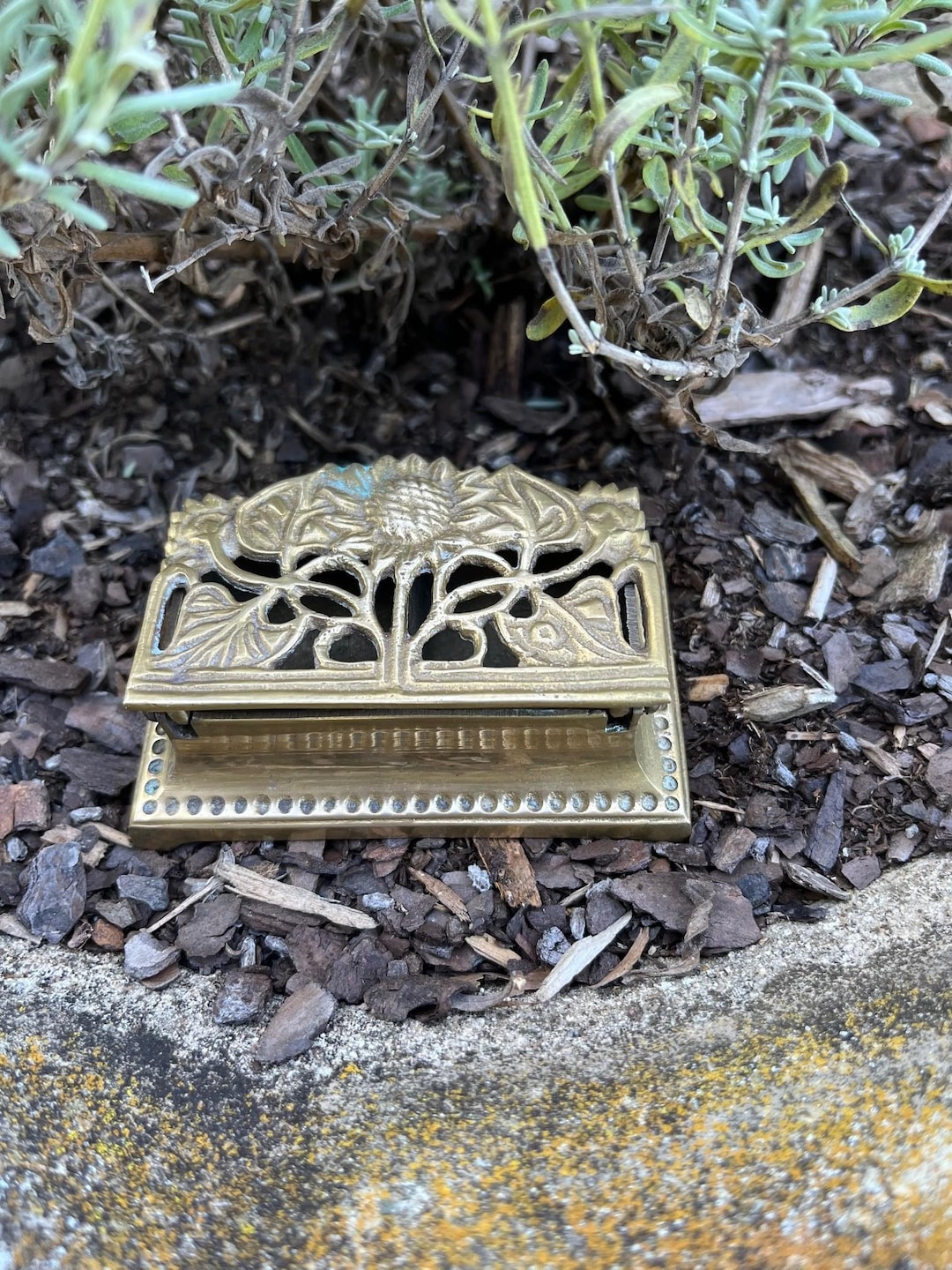 Vintage Postage Stamp Holder | Cast Metal Hinged Box Ornate Sunflower ...