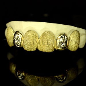 Custom Gold Grillz 10k Gold Teeth Diamond Dust Yellow Gold Grillz Real ...