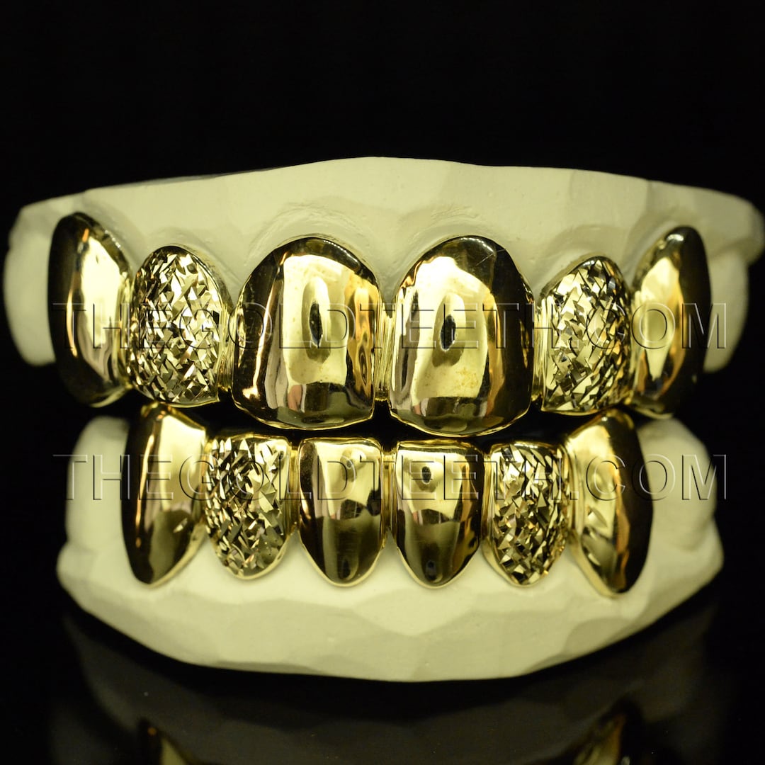 Custom Grillz 10k Gold Teeth Diamond Cut Yellow Gold Grillz Real Gold ...