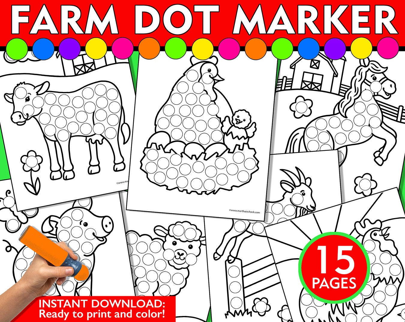 Farm Animals Dot Marker Coloring Pages: Fine Motor Skills (PDF) - Etsy