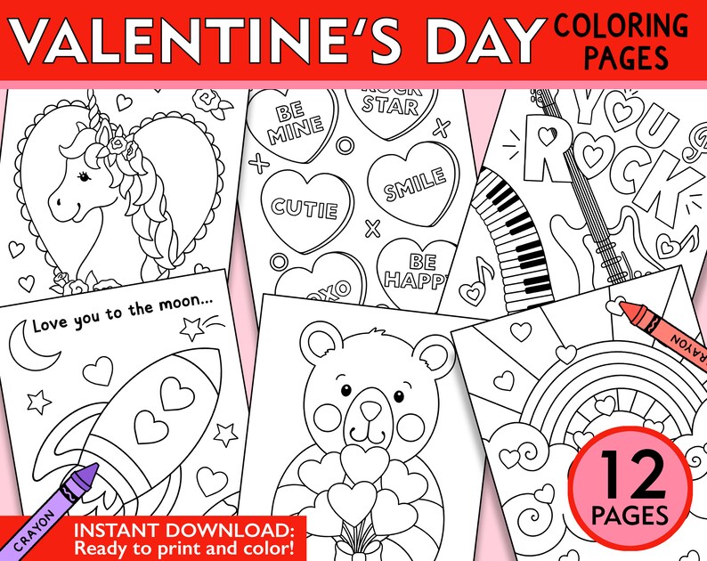Valentine's Day Coloring Pages: 12 Printable Designs (PDF) - Etsy
