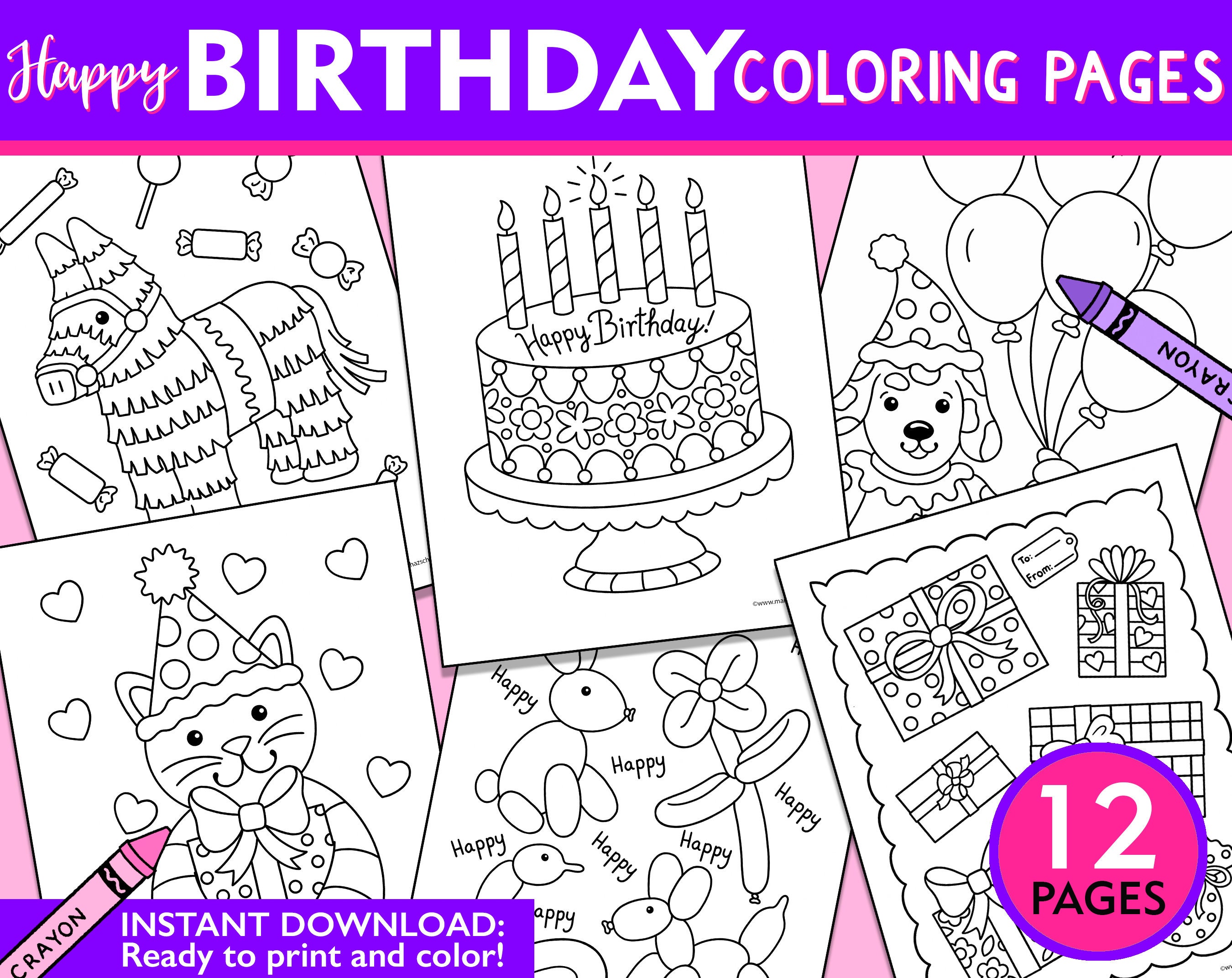 Birthday Coloring Pages: Party Activity Sheets (PDF Download) - Etsy