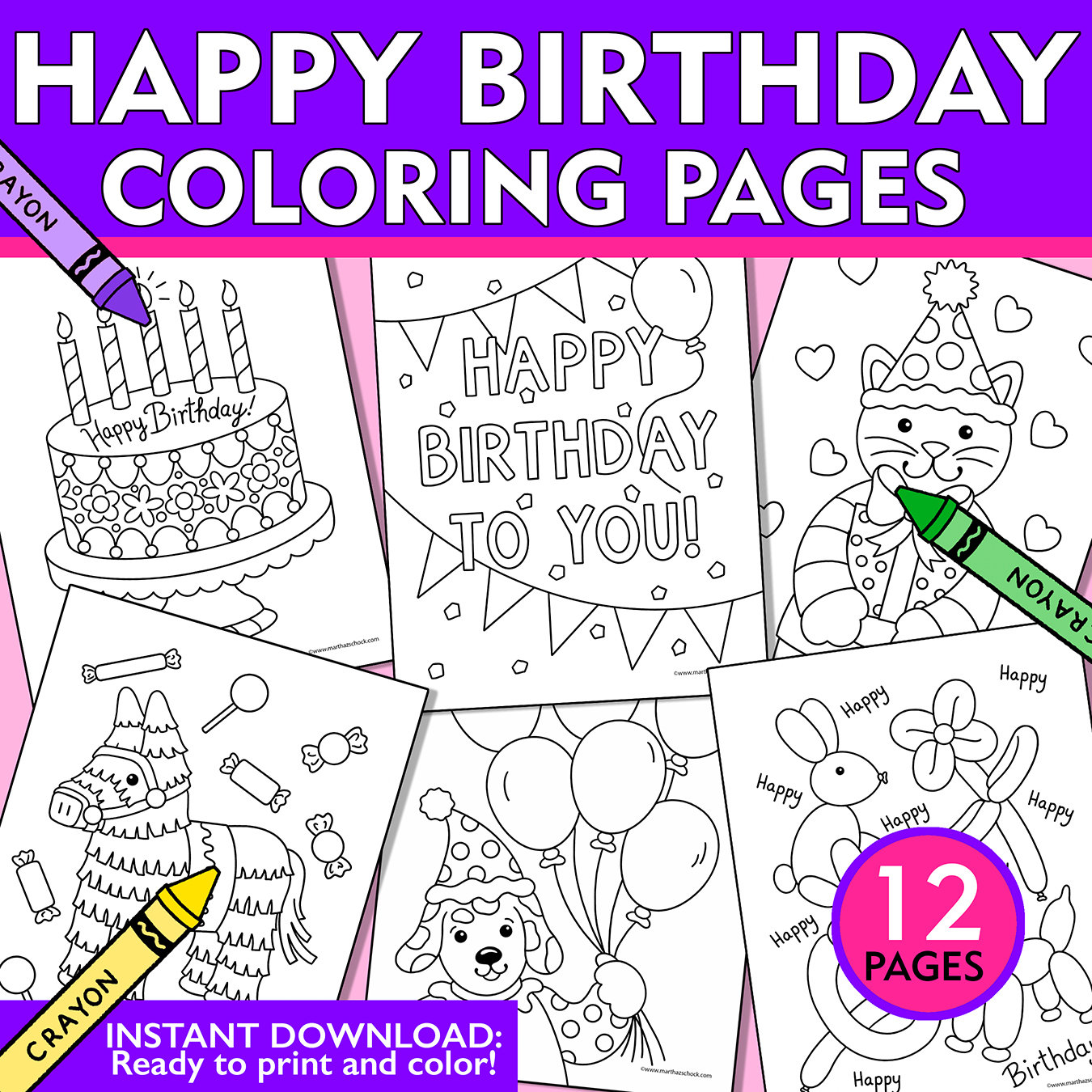 Birthday Coloring Pages: Party Activity Sheets (PDF Download) - Etsy
