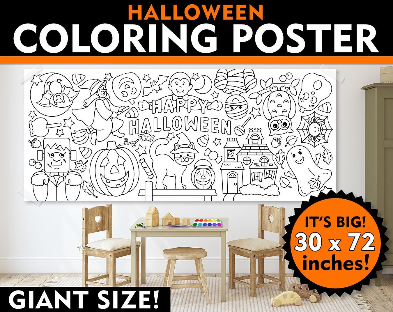 Giant Halloween Coloring Banner: Fall Party Table Cover (30”x72”) - Etsy