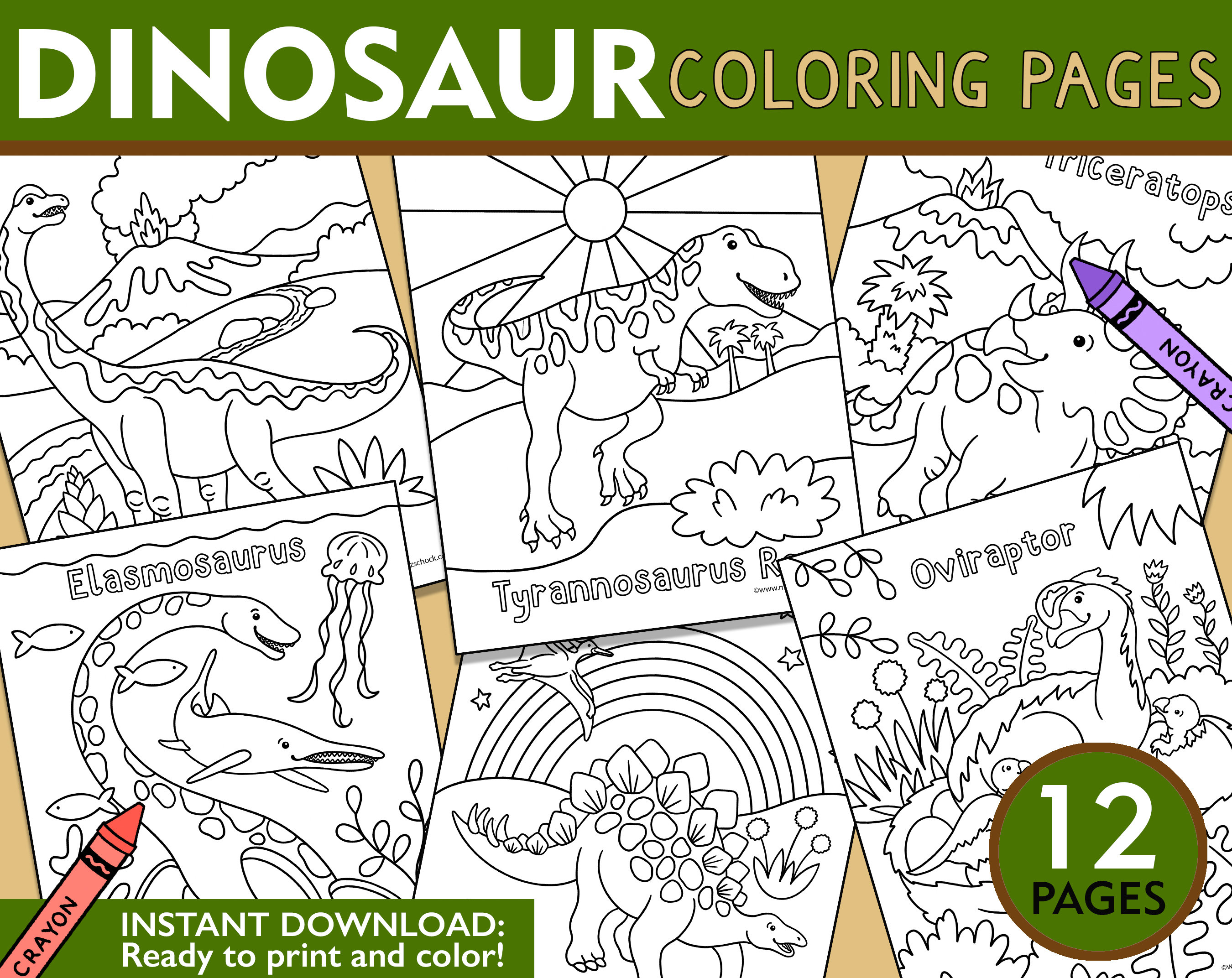 Dinosaur Coloring Pages: 12 Printable Dinosaur Illustrations (PDF) - Etsy
