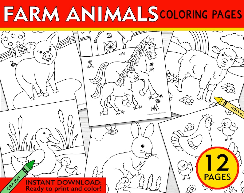 Farm Animal Coloring Pages: Kids Printable Activity (PDF) - Etsy