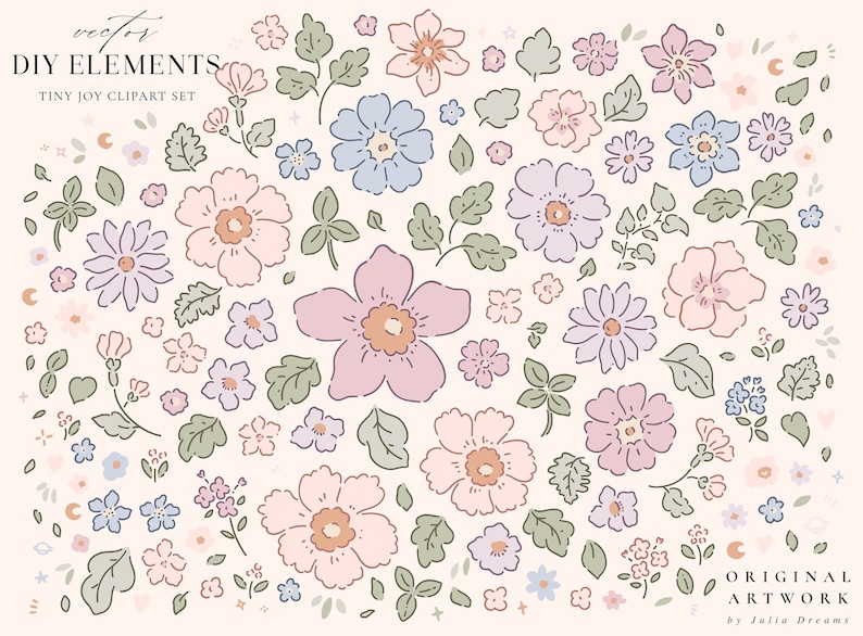 Flowers Clipart Tiny Joy - Botanical Flower Clip Art - Vector Flower Illustration - Individual ...