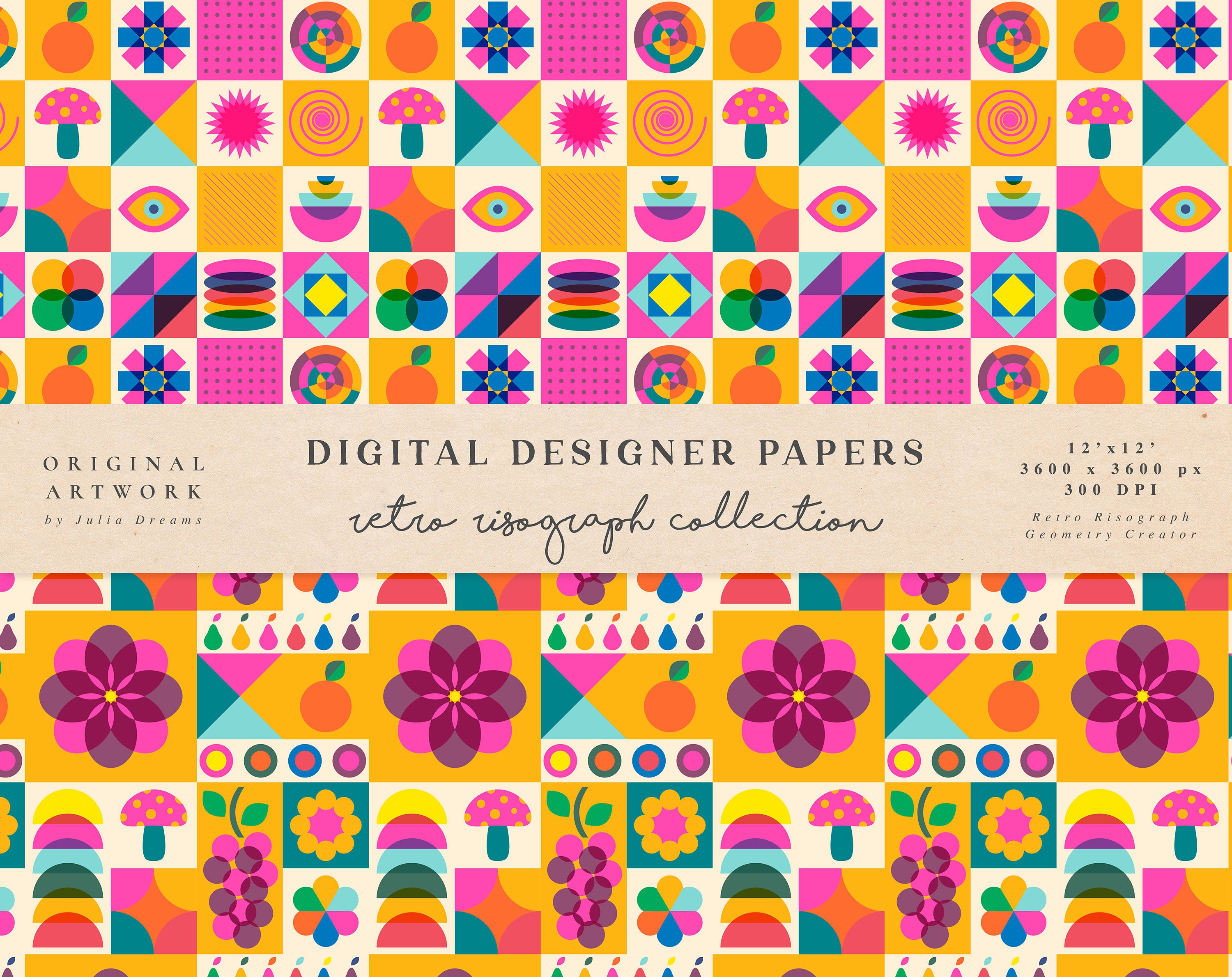 Retro Risograph Geometry Digital Papers - Commercial Use Scrapbook ...