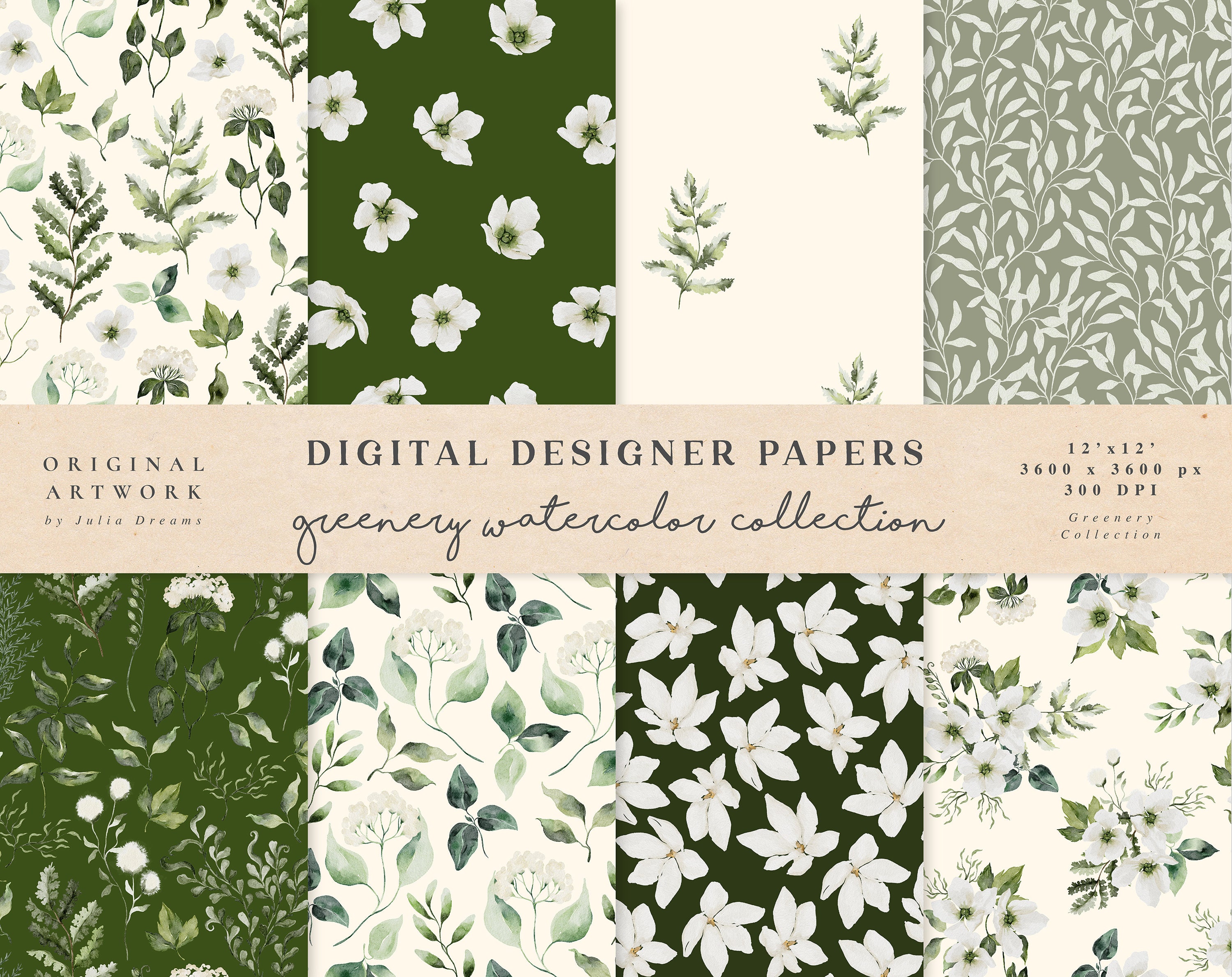 Greenery Watercolor Digital Paper Scrapbook Papers - Etsy