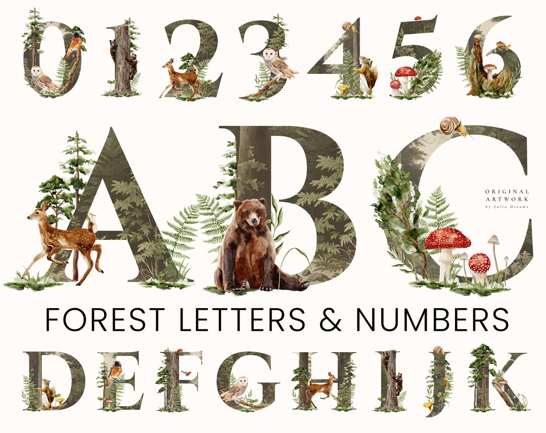 Watercolor Enchanted Forest Alphabet Letters Numbers - Woodland Animals ...