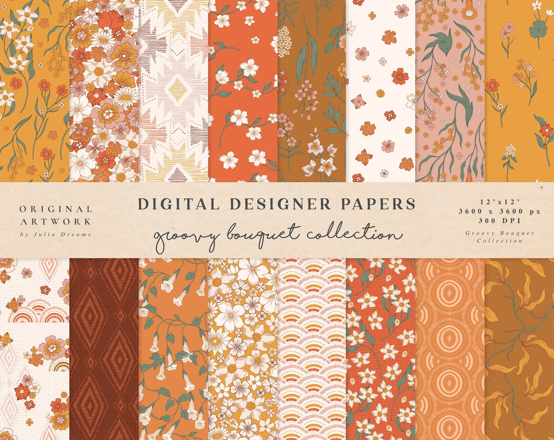 Groovy Bouquet Digital Papers - Commercial Use - Scrapbook Paper ...