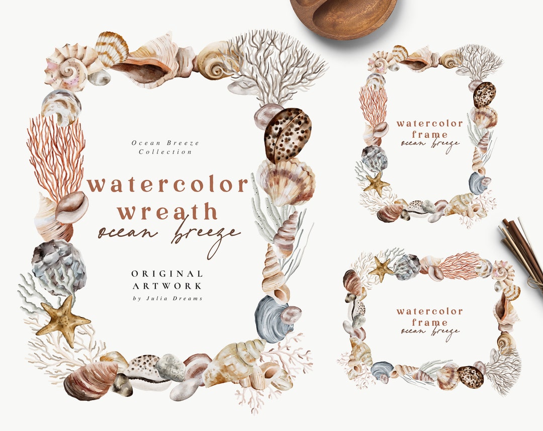 Watercolor Ocean Wreath Square - Digital Clipart - Individual PNG Files ...