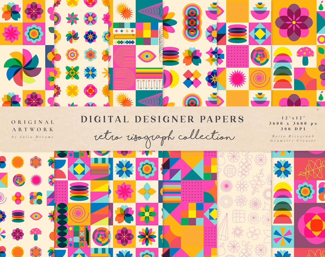 Retro Risograph Geometry Digital Papers - Commercial Use Scrapbook ...