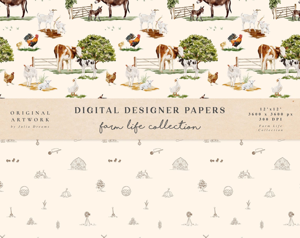 Farm Life Watercolor Digital Paper - Scrapbook Papers - Seamless ...