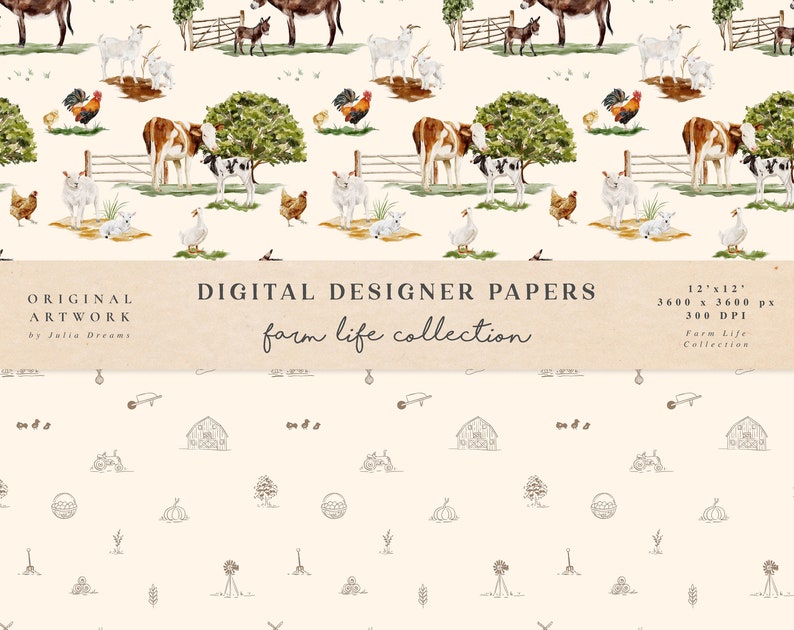 Farm Life Watercolor Digital Paper - Scrapbook Papers - Seamless ...