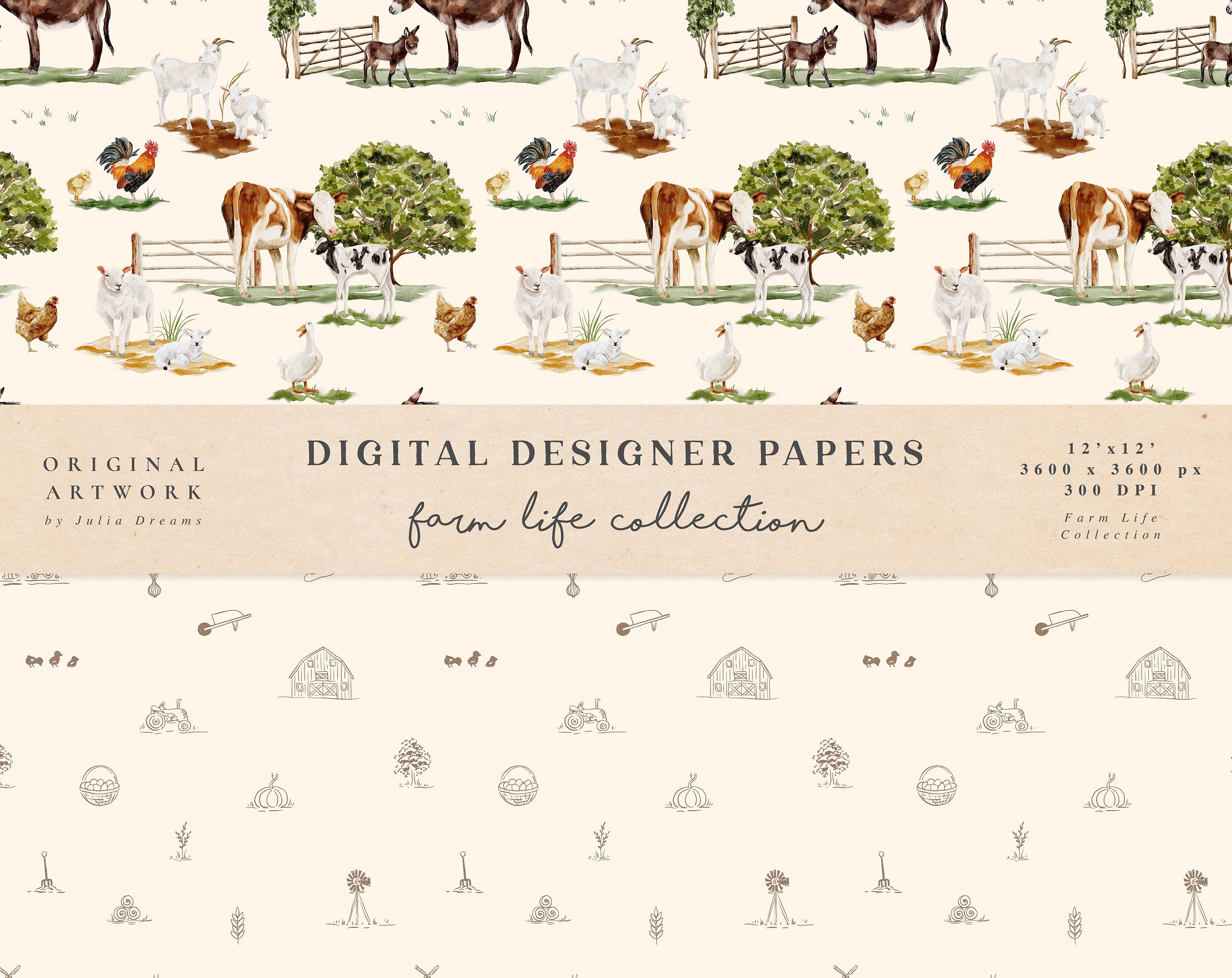 Farm Life Watercolor Digital Paper - Scrapbook Papers - Seamless ...