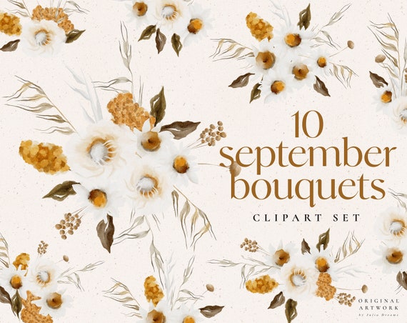 Watercolor Flowers September Bouquets Floral Logo Clipart | Etsy