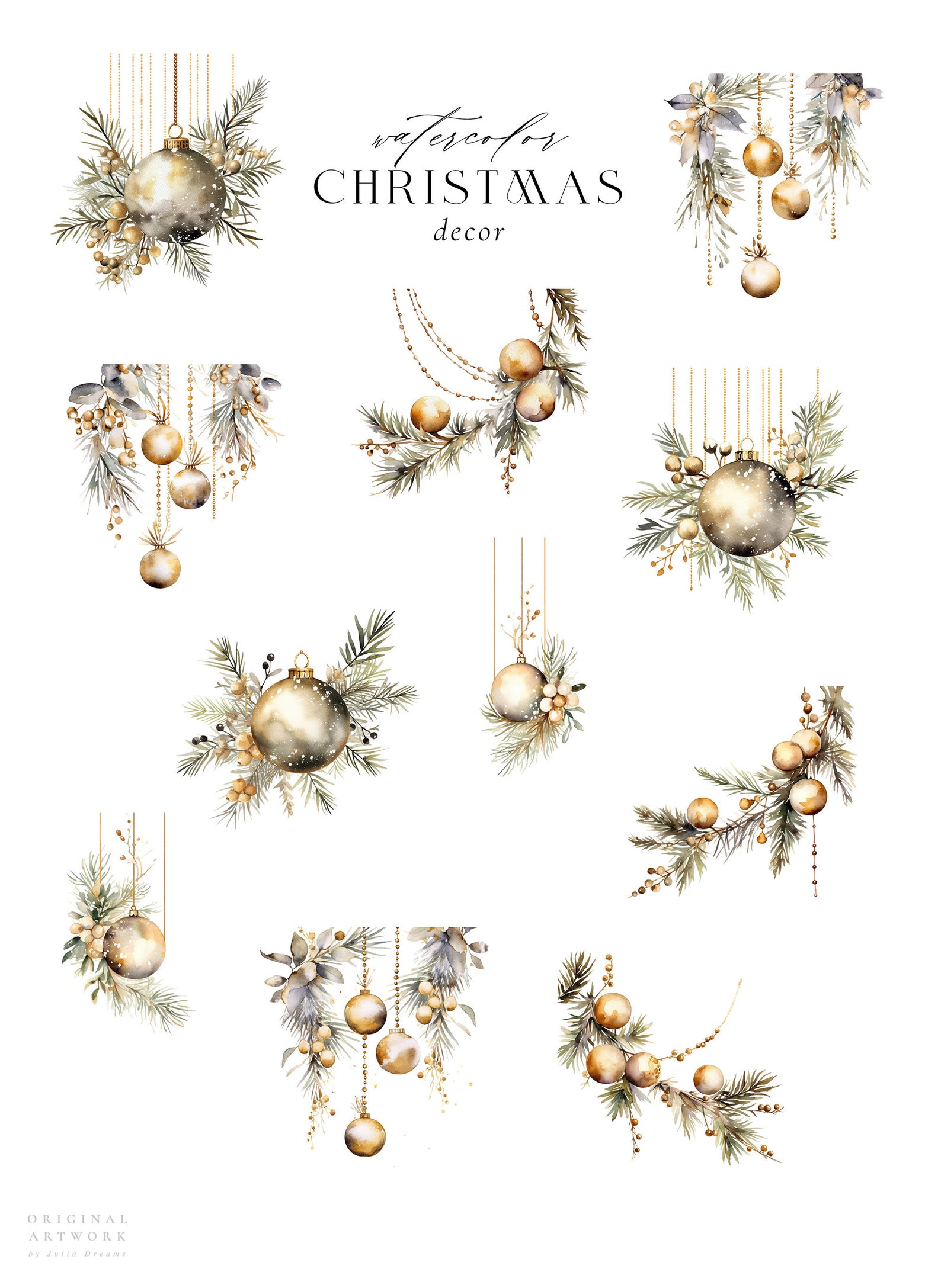 Watercolor Christmas Decor Digital Clipart - Golden Christmas Balls ...