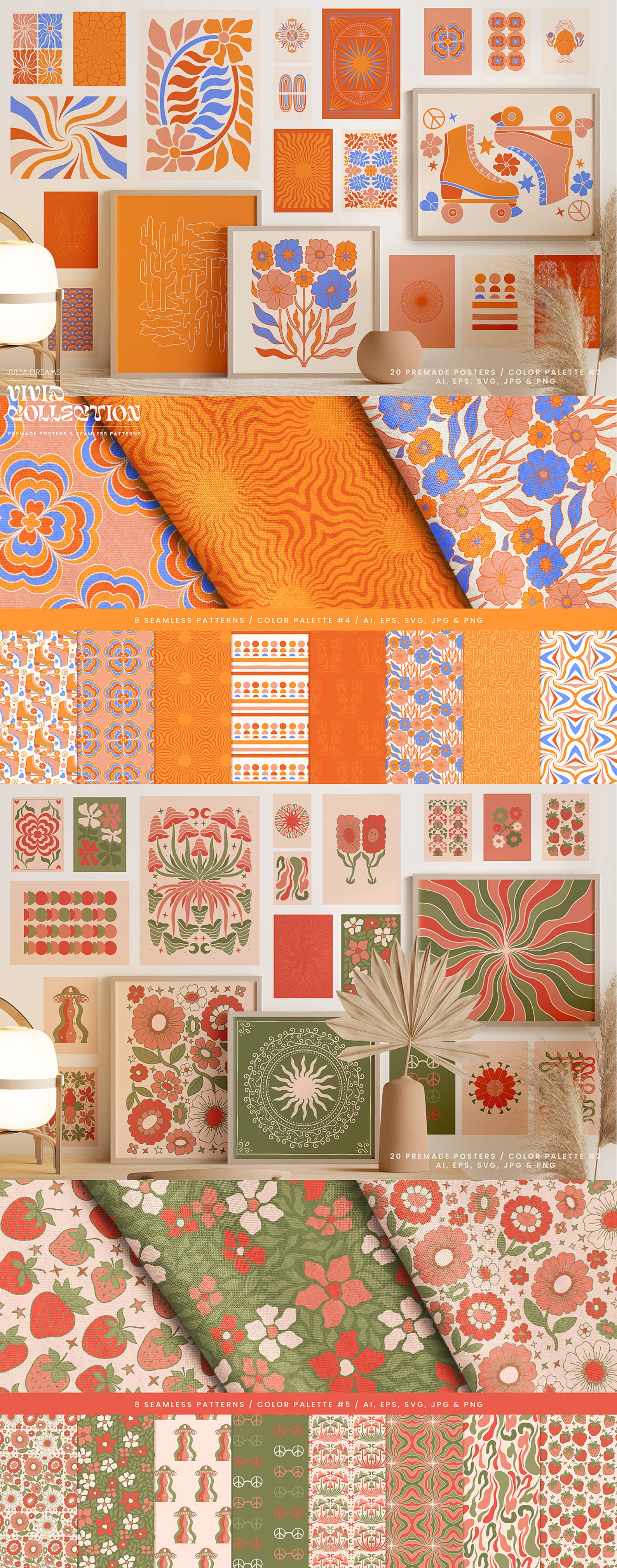 Vivid Posters Patterns Bundle - Boho 70s Logo Digital Clipart ...