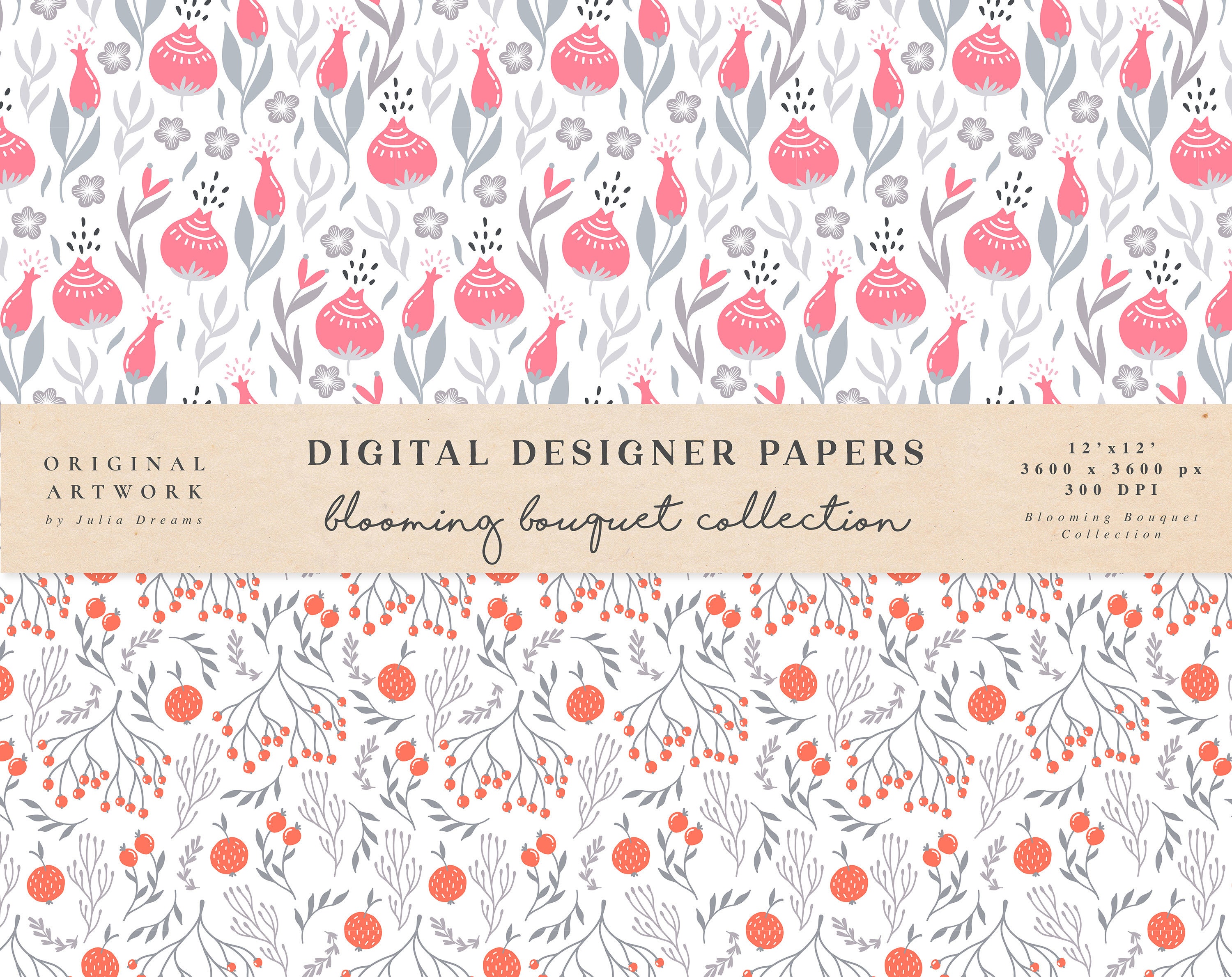 Blooming Bouquet Digital Paper Set - Scrapbook Paper - Seamless ...