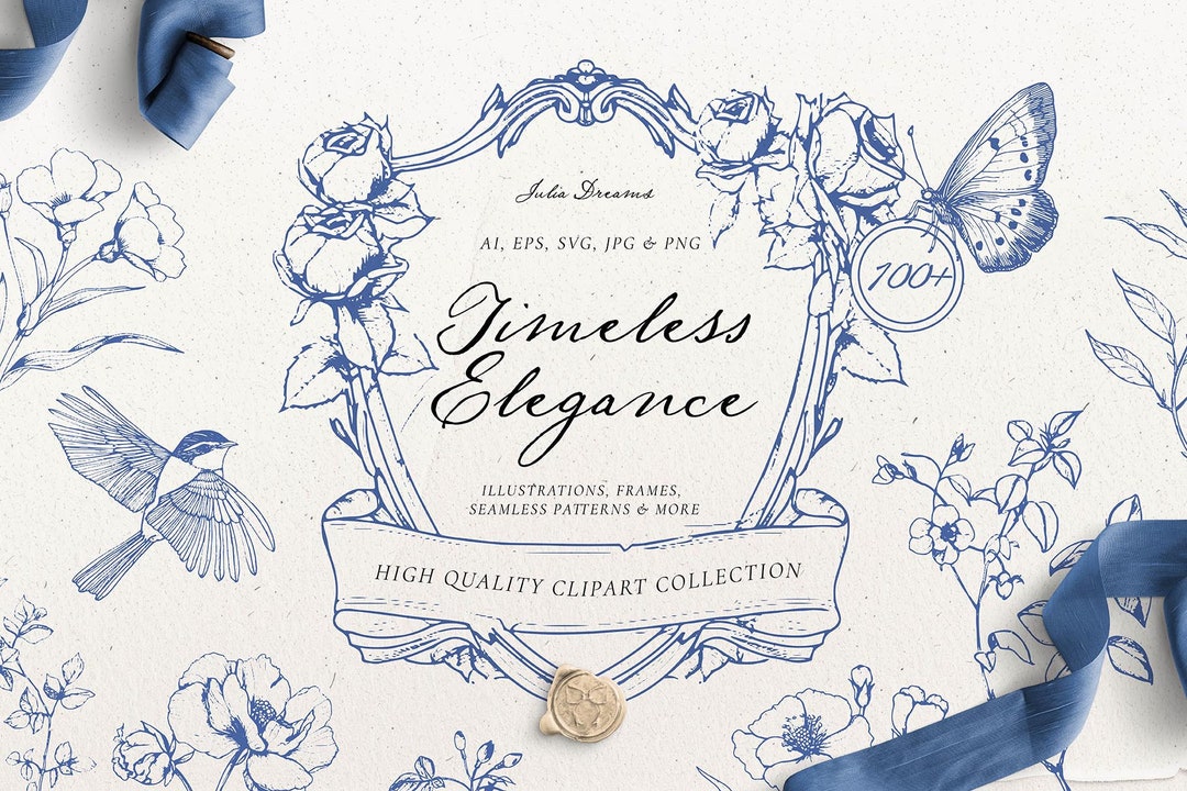 Timeless Elegance Vintage Wedding Clipart - Blue Vector SVG - Digital Papers - Crest Border ...