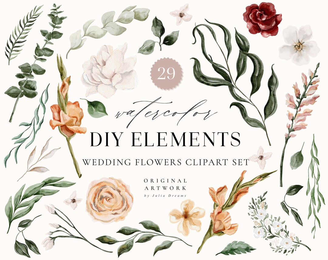 Wedding Watercolor Digital Clipart - Individual PNG Files - Wedding ...