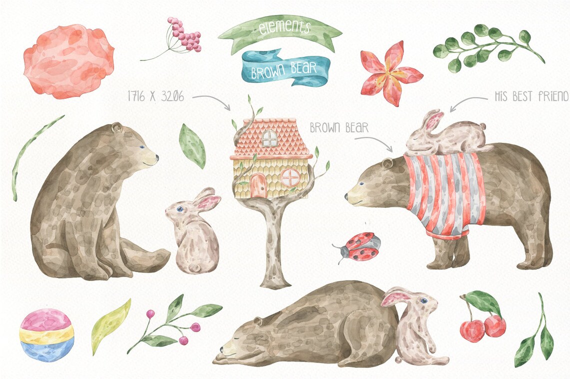 Brown Bear and Rabbit Watercolor Clipart Baby Shower Clip | Etsy