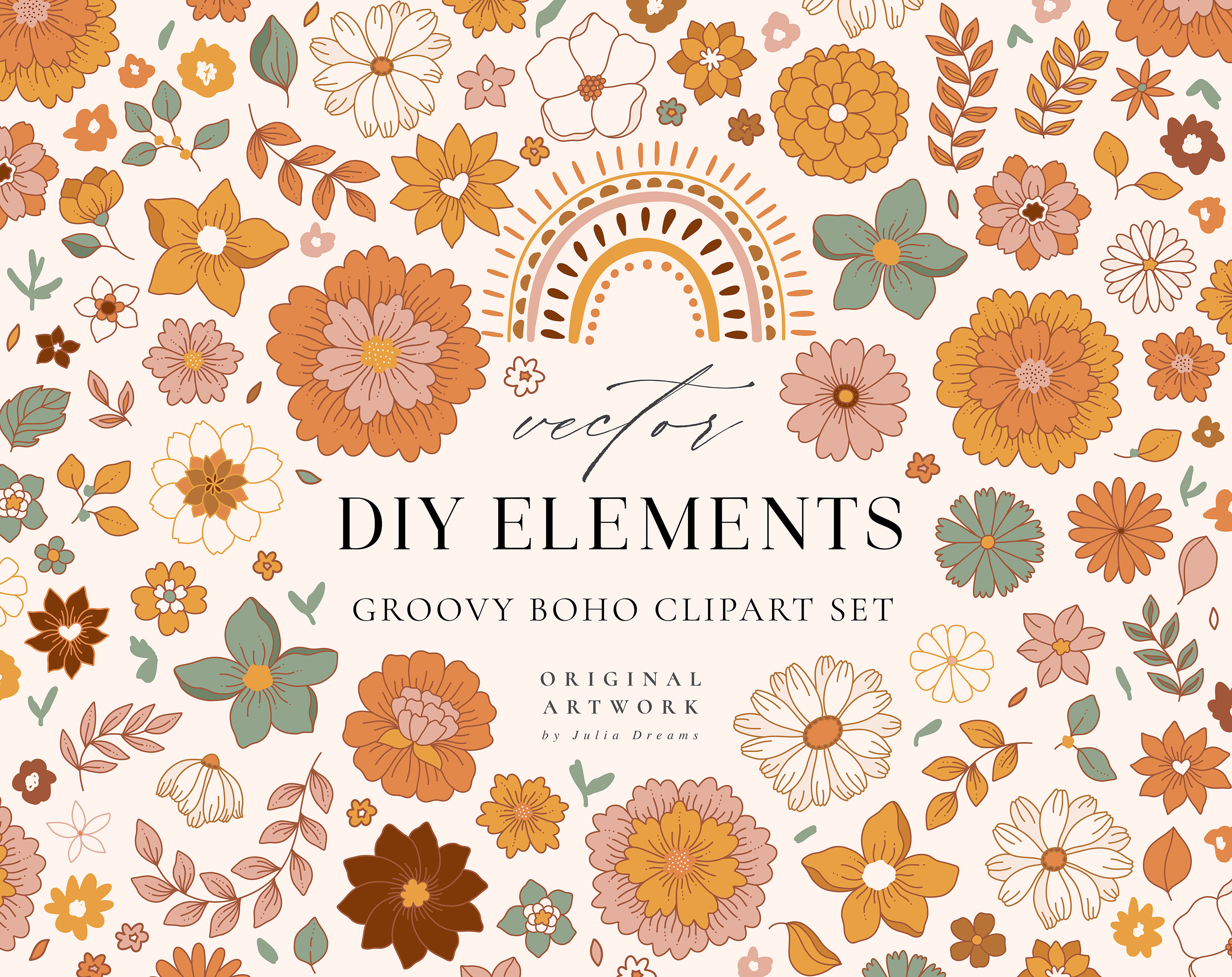 Flowers Clipart Groovy Boho Botanical Flower Clip Art - Etsy