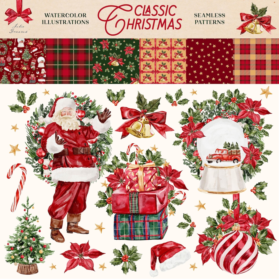 Watercolor Classic Christmas Clipart Collection - Vintage Christmas ...