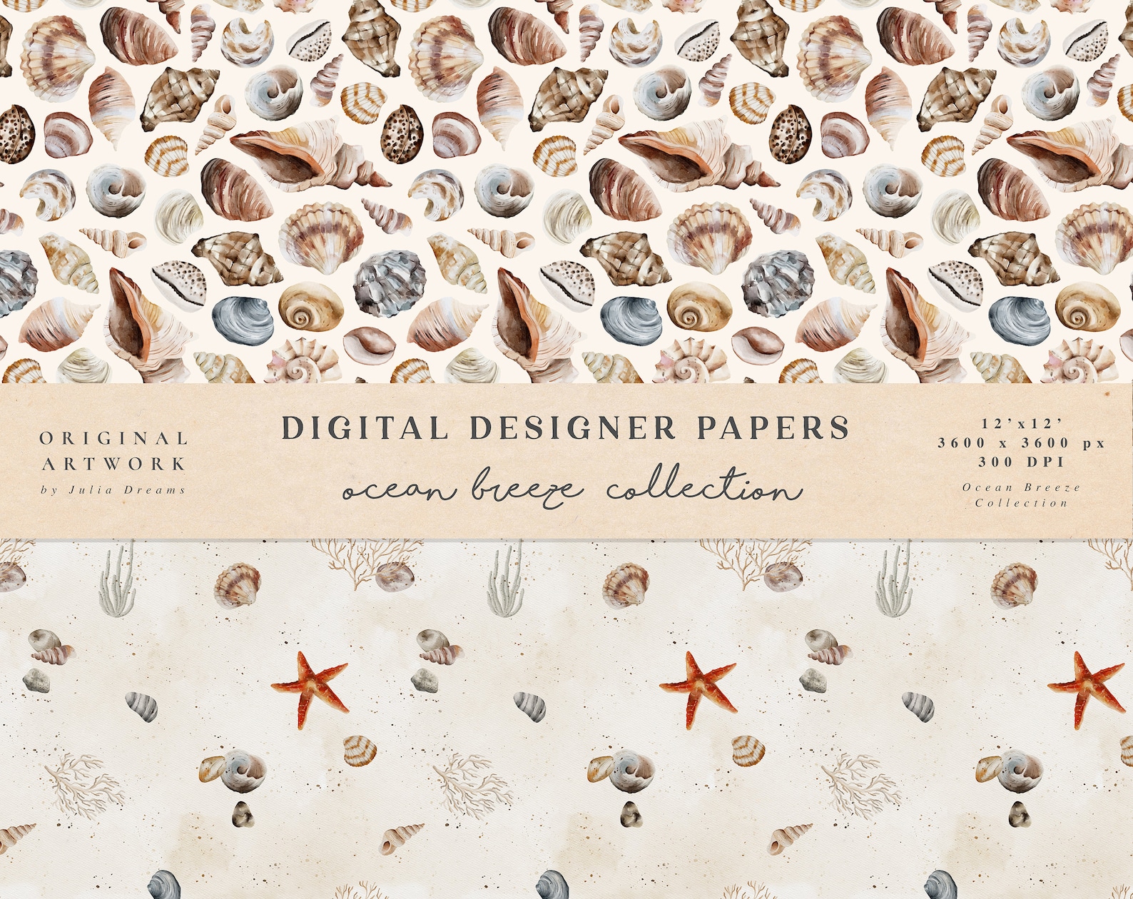 Digital Papers Ocean Breeze - Watercolor Seashells Stones - Scrapbook ...