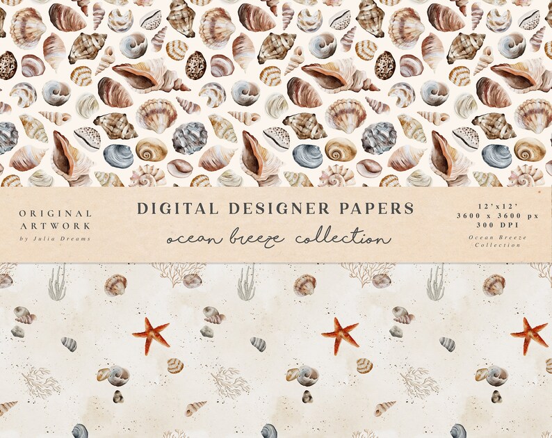 Digital Papers Ocean Breeze - Watercolor Seashells Stones - Scrapbook ...