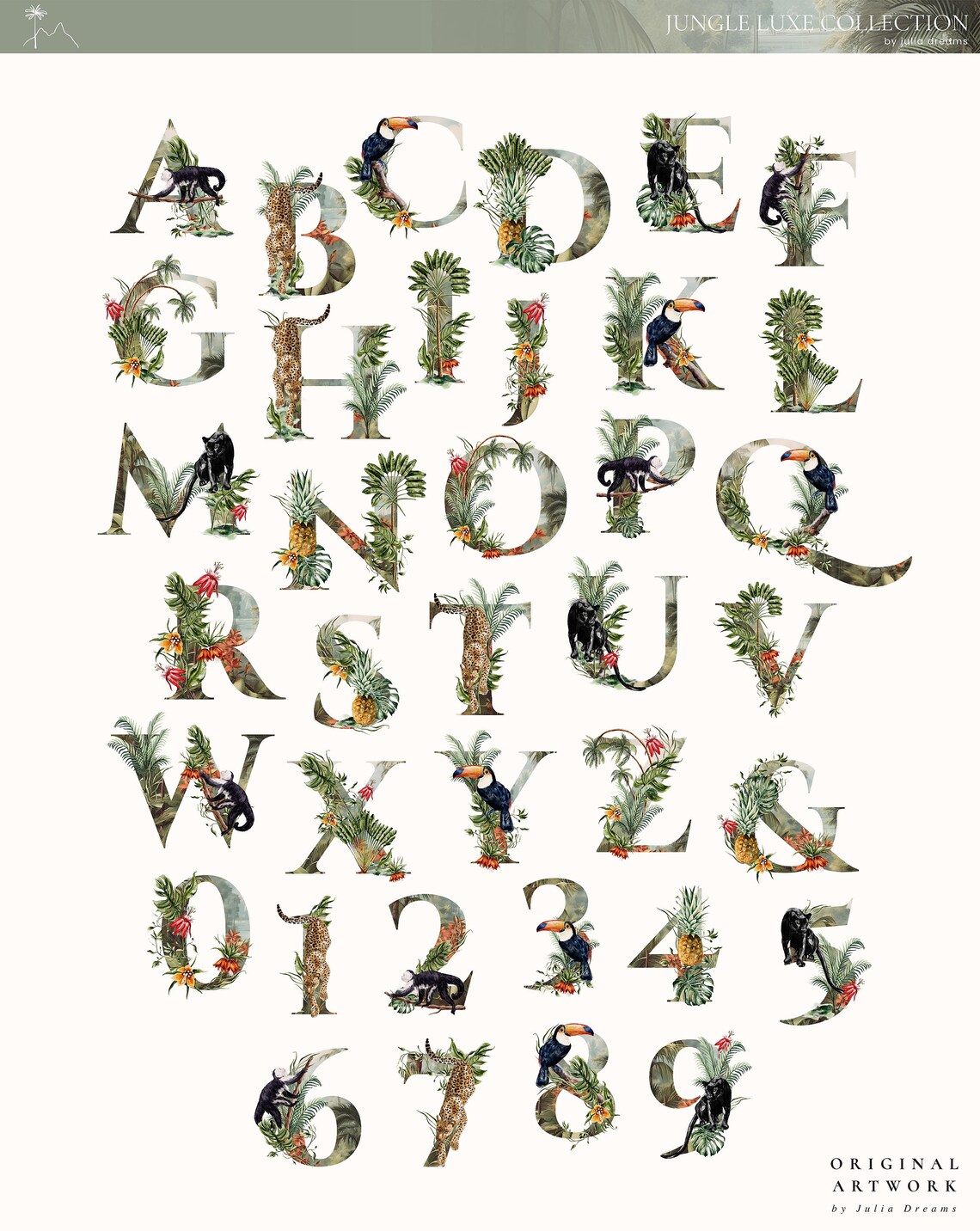 Watercolor Jungle Alphabet Letters Numbers - Tropical Animals Tropic ...