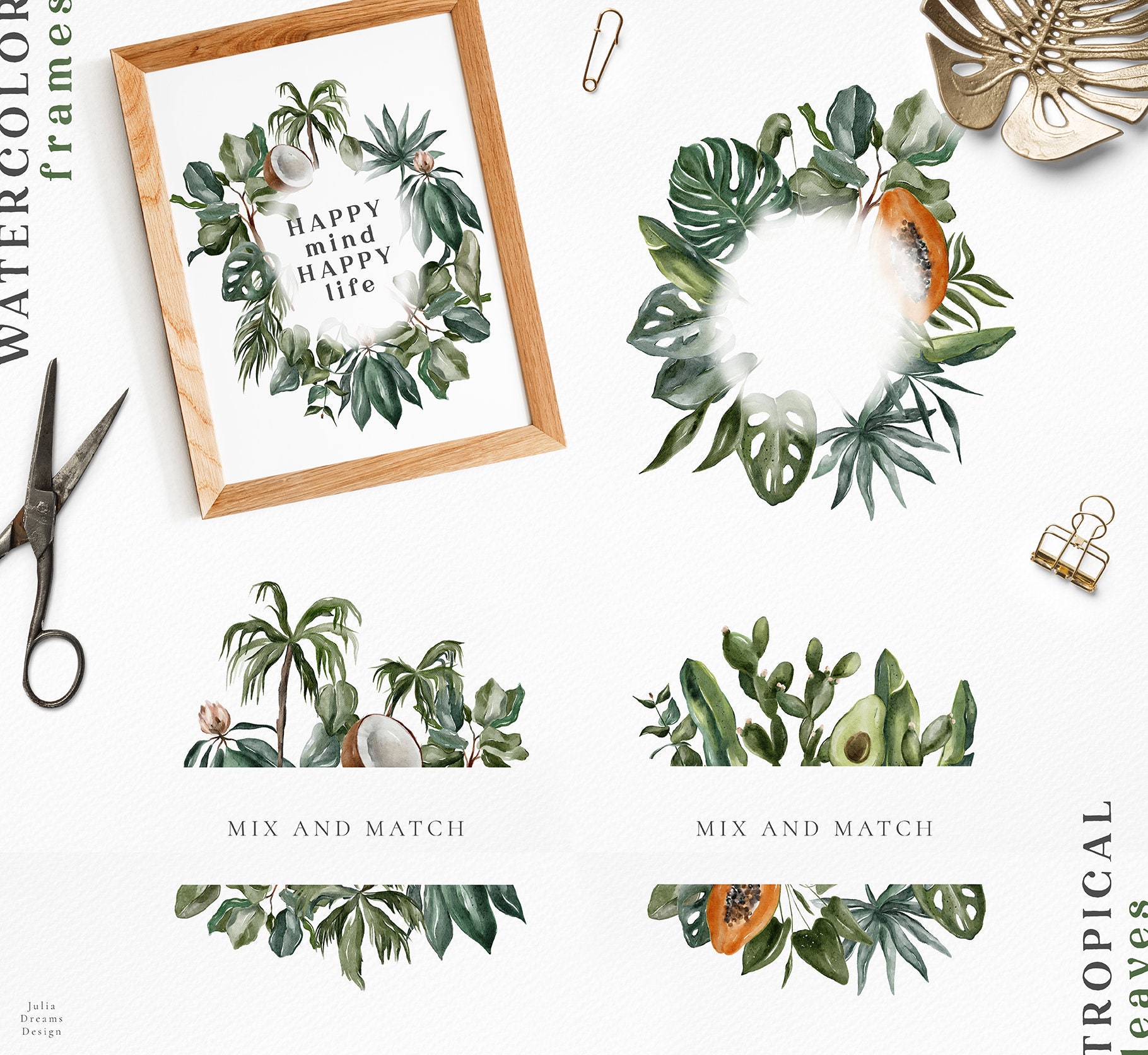 Tropical Leaves Watercolor Digital Clipart Individual PNG - Etsy